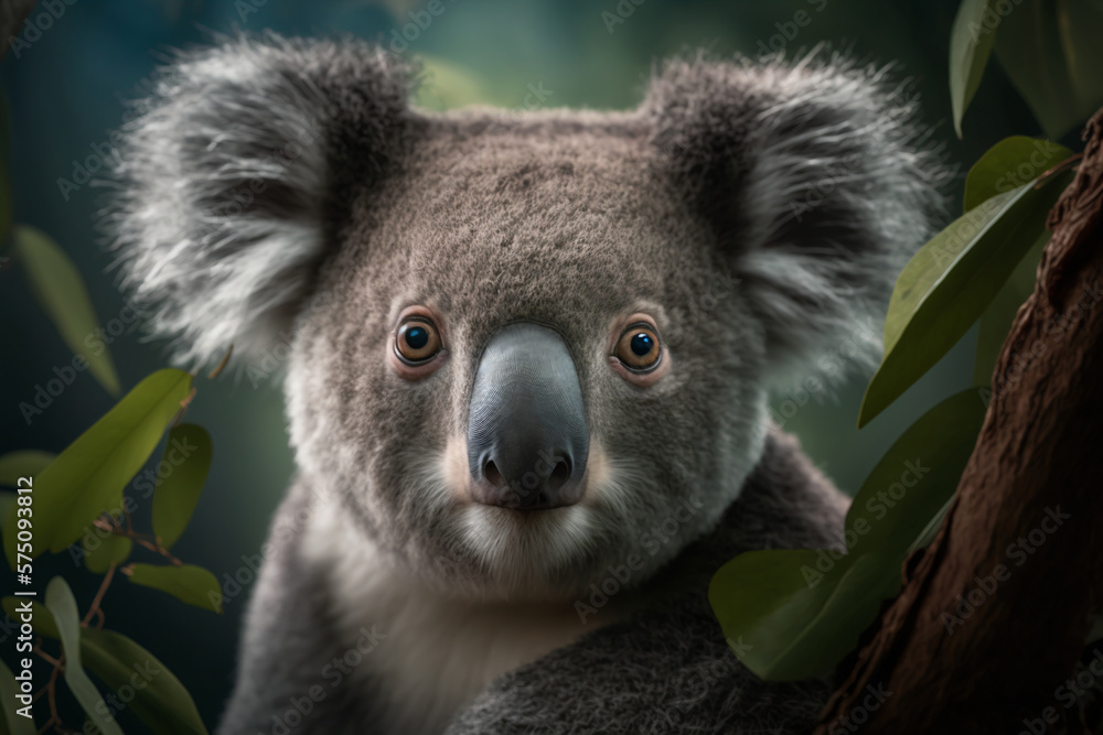 Australian koala bear portrait on green eucalyptus tree. Close up koala ...
