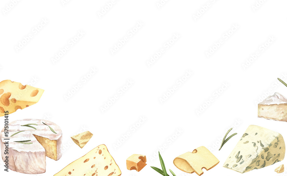 Watercolor different cheese frame template. Hand draw card background ...