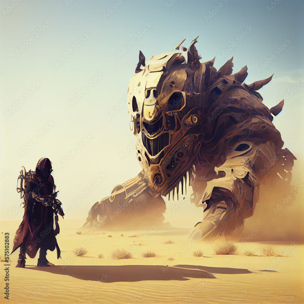 Apocalypse faces a giant mechanical beast in the desert,generative ai ...