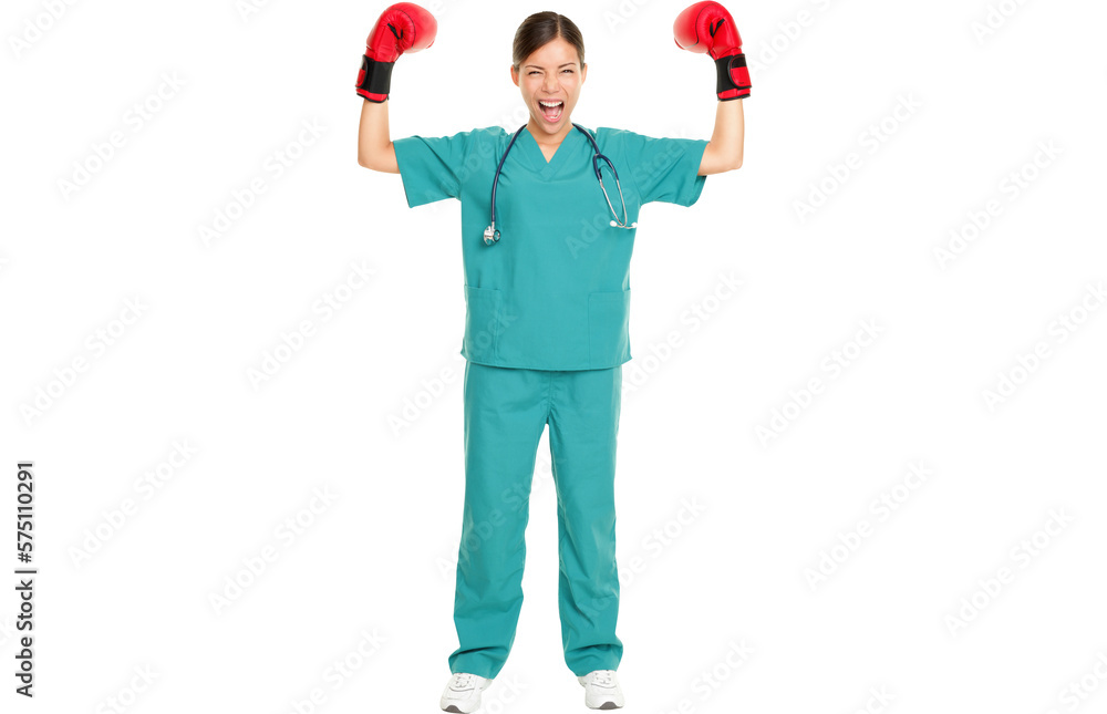 Medical nurse / doctor boxing challenge concept image. Young nurse in ...