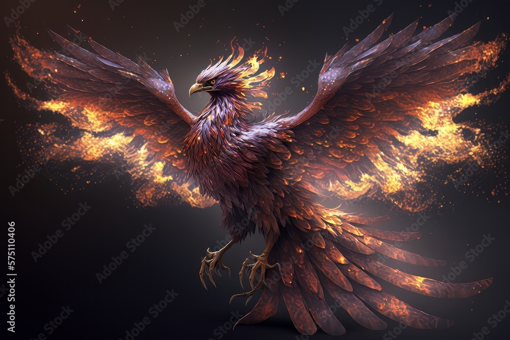 Fantasy/ fairy tale animal. Powerful black mythical phoenix fire bird ...