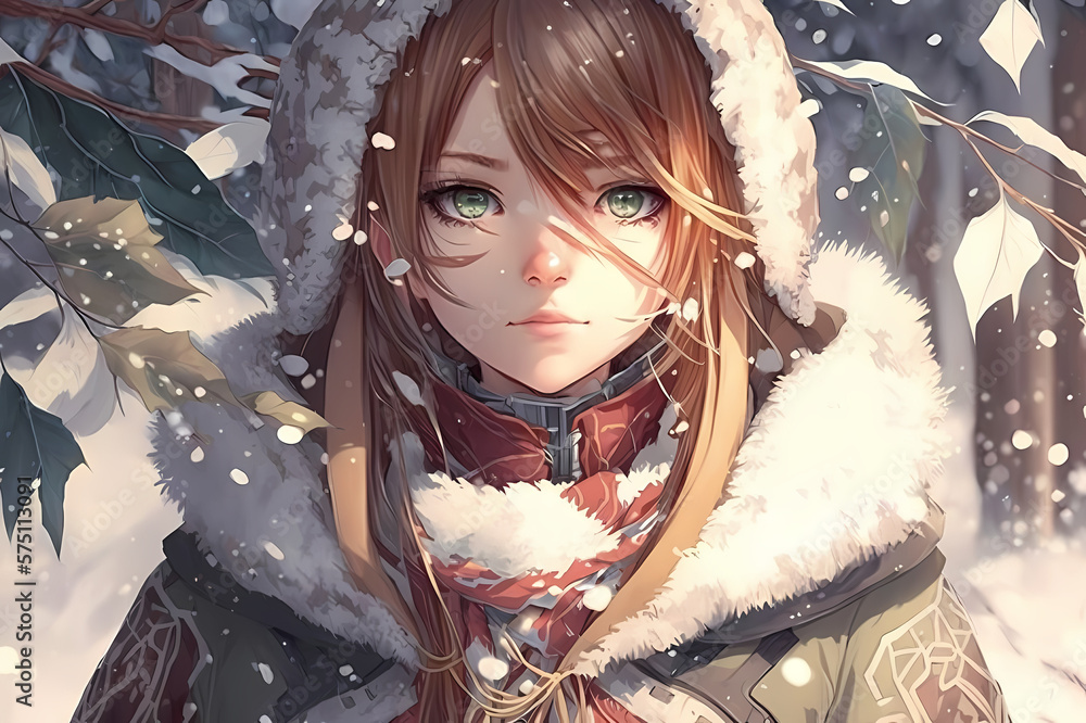 Beautiful Red Haired Anime Girl with Parka and Snow Representing the ...