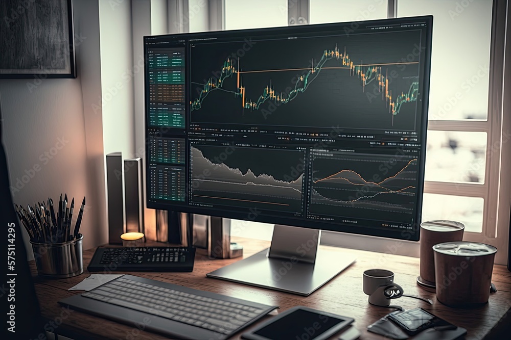 Trader workplace. Computer monitor with stock market charts on screen ...