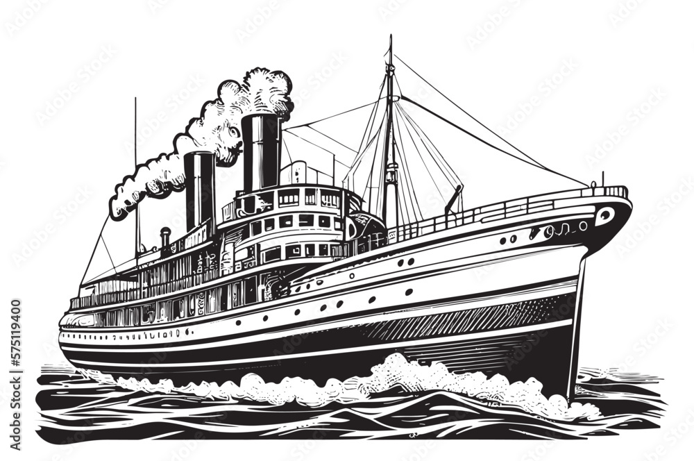 Steamship vintage hand drawn sketch Vector illustration transport Stock ...