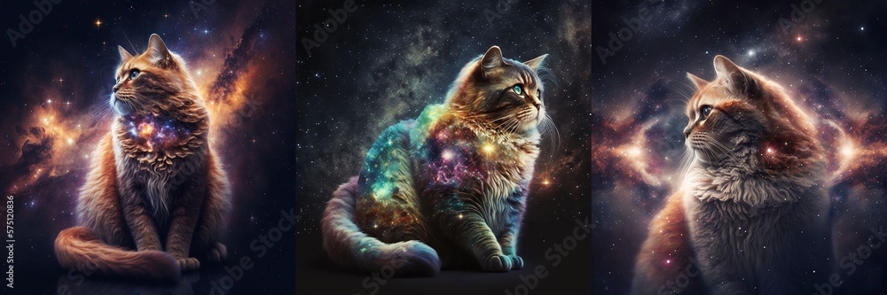 Collage Style Illustration of a Fluffy Cat Full of Stars and Nebulae ...
