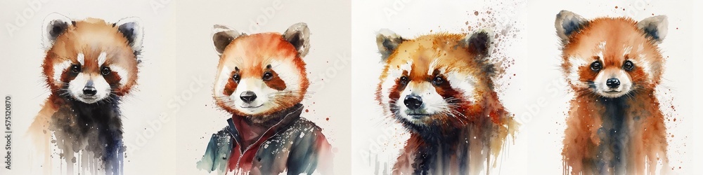 Isolated Digital Watercolor Style Images of Red Pandas. Three Natural ...
