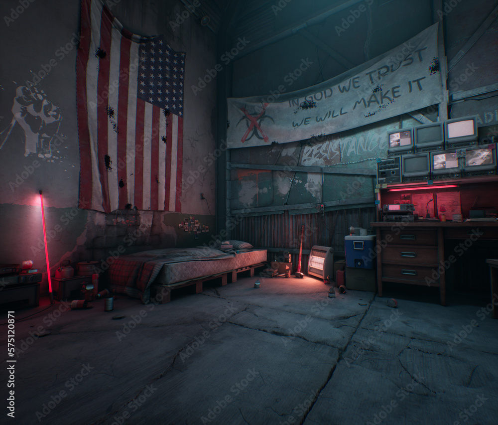 A 3d rendered illustration of a post-apocalyptic bunker interior ...