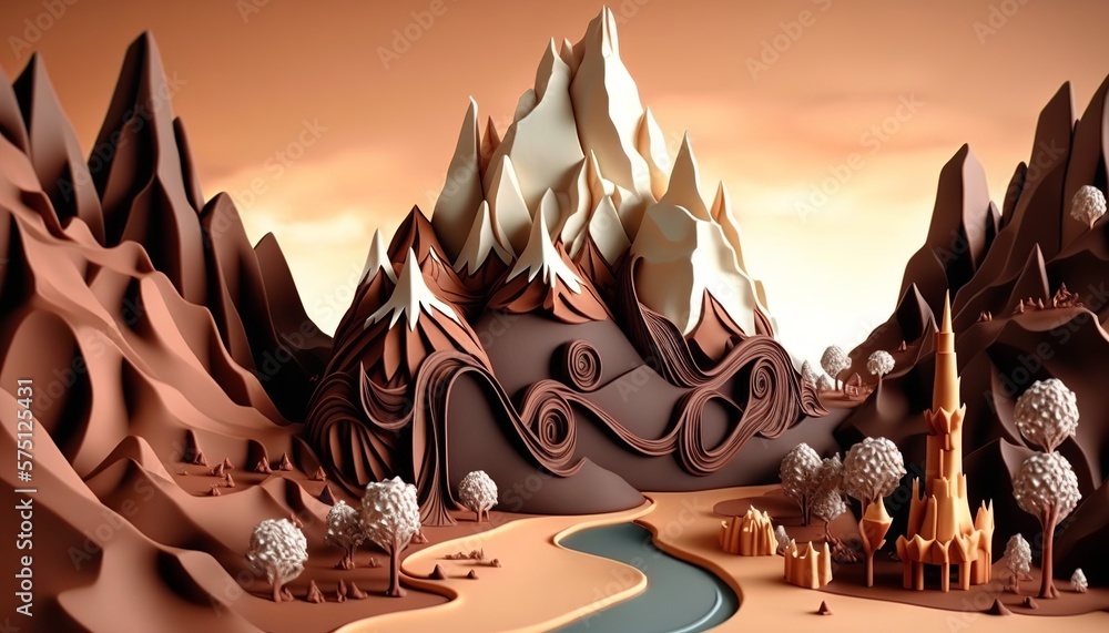 chocolate kingdom landscape. everything is made of chocolate. mountains ...
