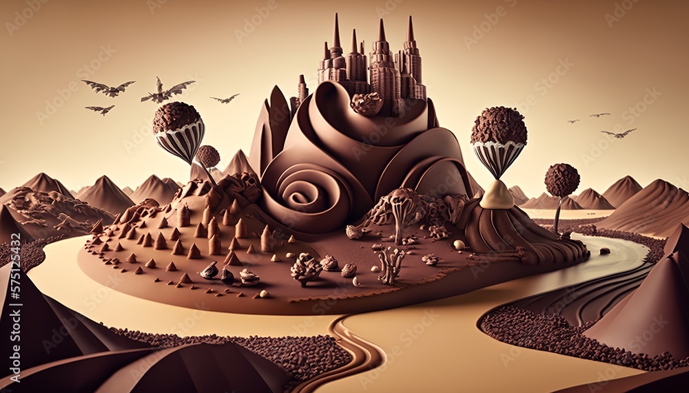 chocolate kingdom landscape. everything is made of chocolate. mountains ...