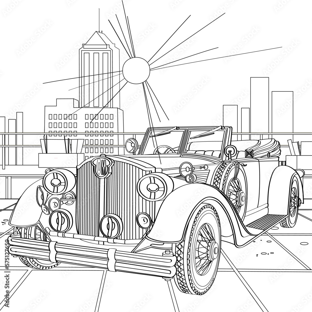 Coloring book page for adult drawing. Paper. Car with outlines. Vector ...