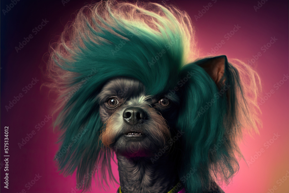 Cute humanised dog with fashioned fluffy hairstyle isolated. Created ...
