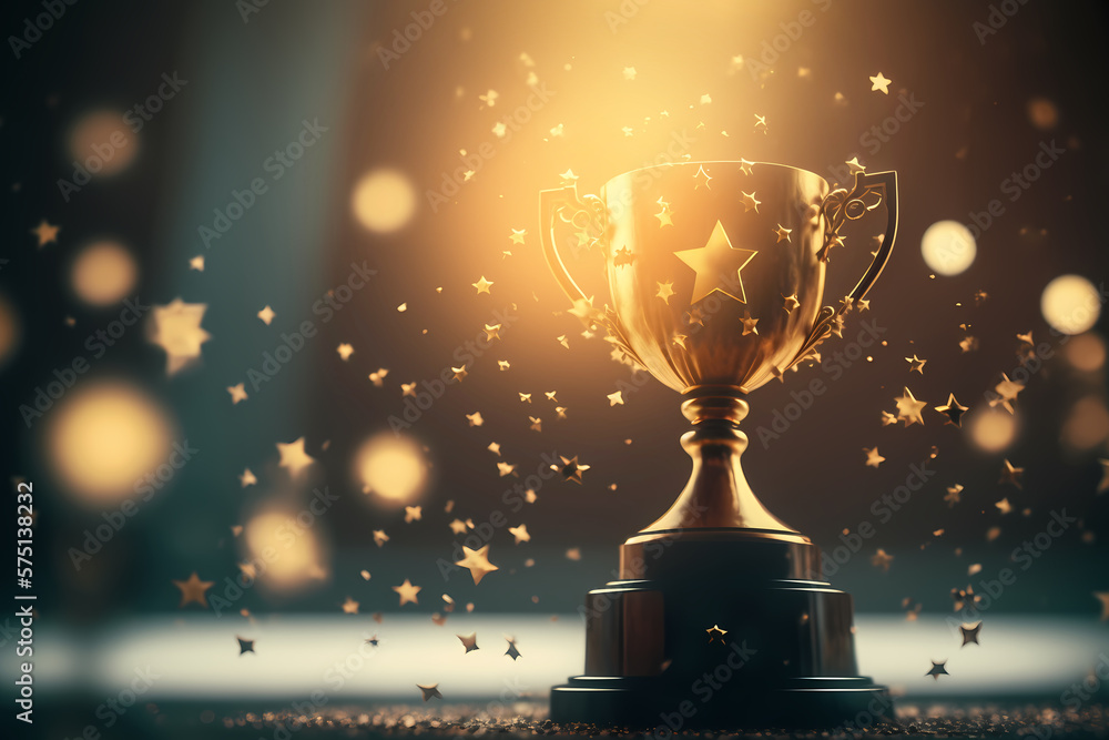 Champion golden trophy with gold stars sun shine on dark background ...