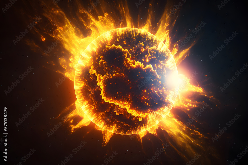 Sun star with large bursts vortex of plasma on dark background sky in ...