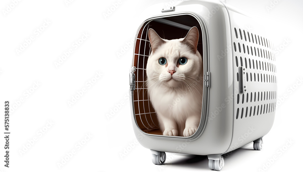 Happy cat in carrier cage transportation white isolated background ...