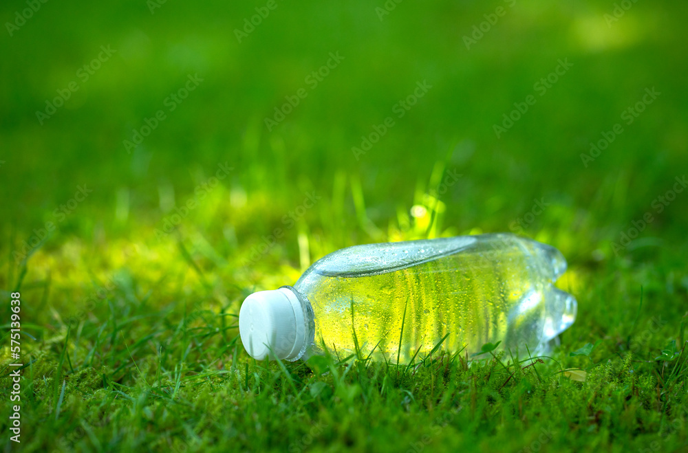 A plastic bottle of clean drinking water lies in the green grass in ...