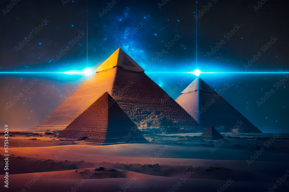 Pyramid of Khafre in desert dunes at night against the stars and Milky ...