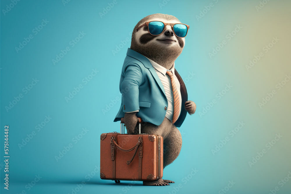Content sloth in suit and suitcase going on vacation. Created with ...