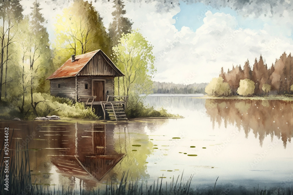 Watercolor painting of peaceful wooden hut at a lake that conveys the ...