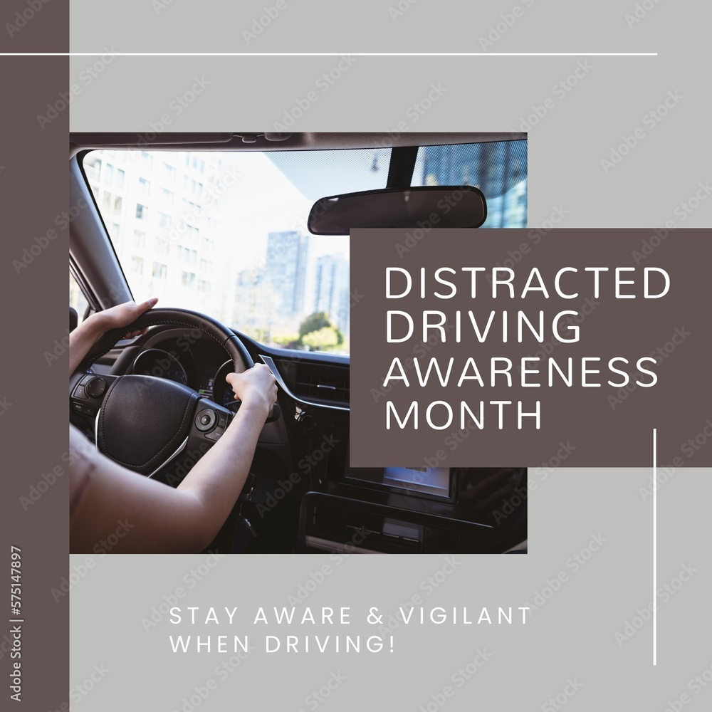 Composition of distracted driving awareness month text over caucasian ...