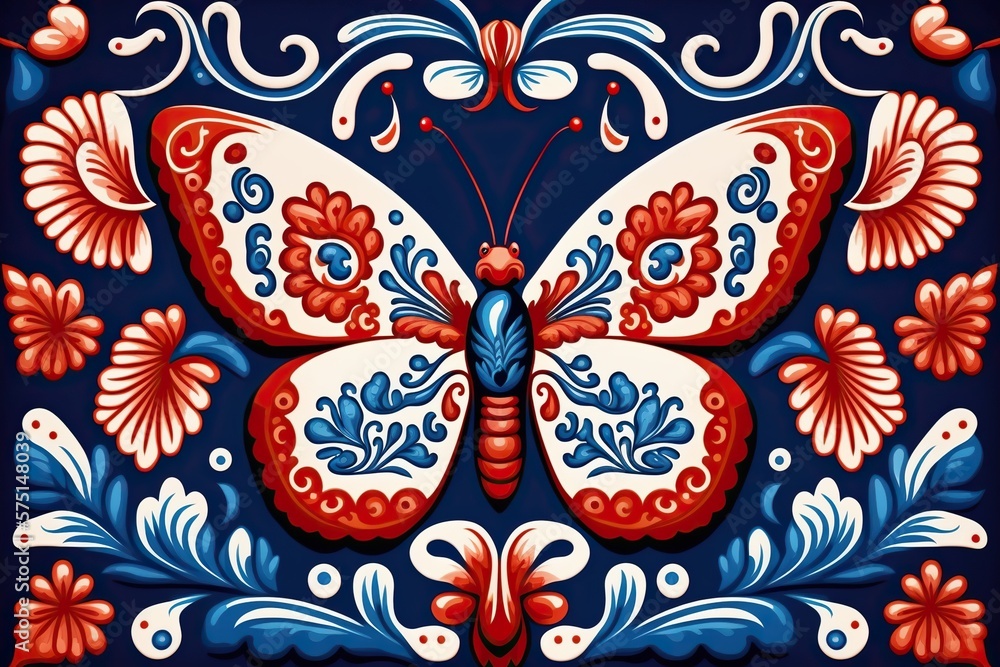 Butterfly in russian culture pattern blue and white colours, concept of ...