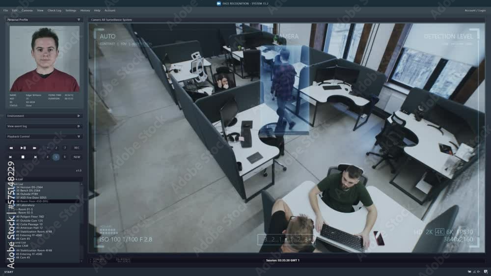 Playback office CCTV camera on computer. People work in coworking ...