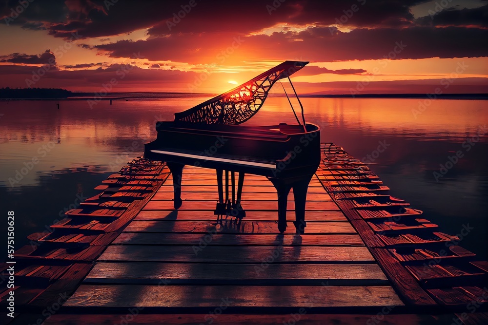 Piano Sitting On A Dock At The Sunset. Beautiful Scenery. Instrument ...