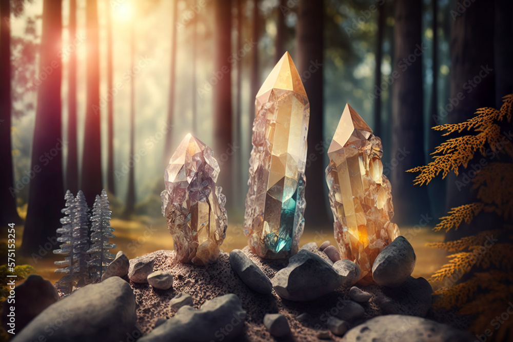 Gemstones on mysterious forest background. Life balance or esoteric and ...