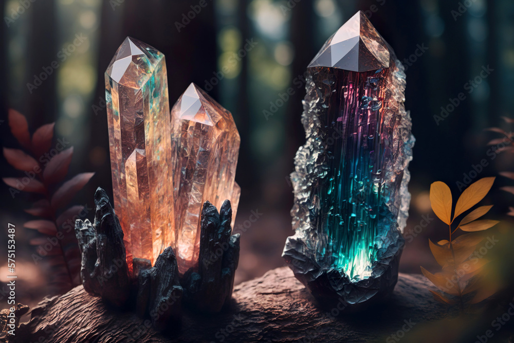 Gemstones on mysterious forest background. Life balance or esoteric and ...