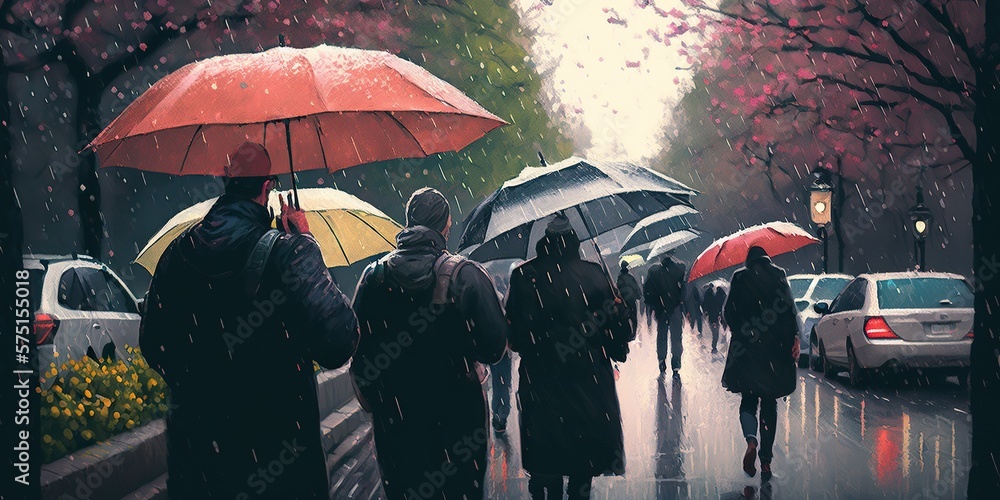 People enjoying rainy days in spring, concept of Rainy Season and ...