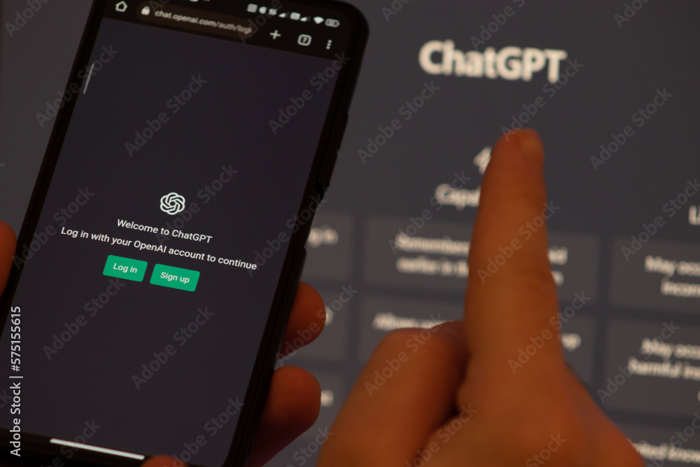 Foto de ChatGPT login screen seen on smartphone screen. OpenAI chat bot do Stock | Adobe Stock