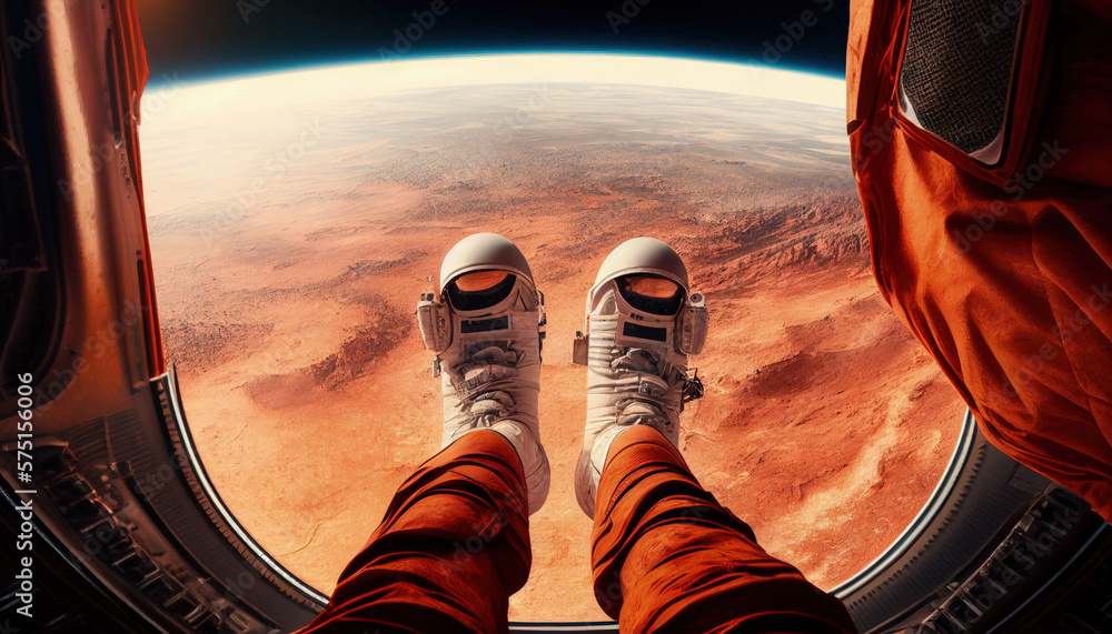 The astronaut's legs are shown in a window looking towards Mars. Stock ...