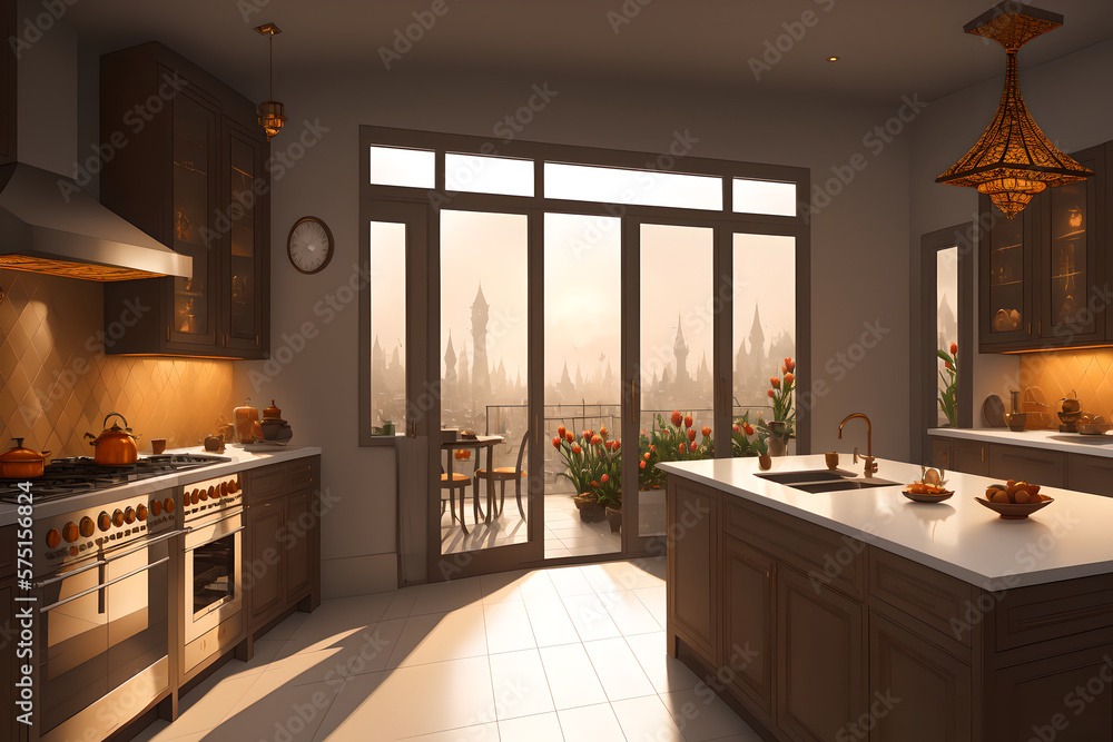 Luxurious kitchen interior in a modern royal palace, in light of sunset ...