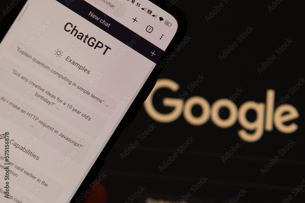 OpenAI ChatGPT vs Google concept. Chat bot GPT on smartphone and Google logo background Stock ...