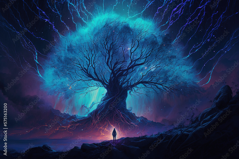 Yggdrasil tree of life engulfed in mystical electric lightning in the ...