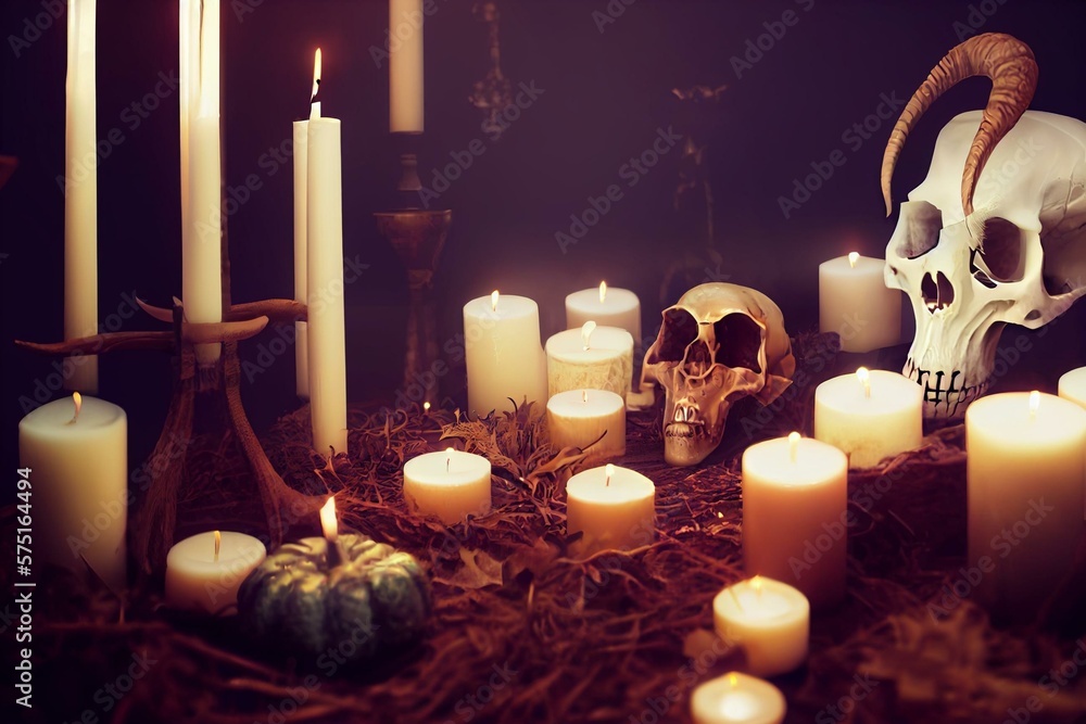 Witchcraft composition with goat skull, candles and pentagram symbol ...