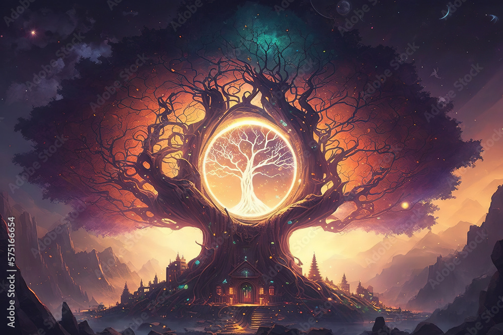 The World Tree of Norse Mythology - Yggdrasil in the Sunset Sky, a ...