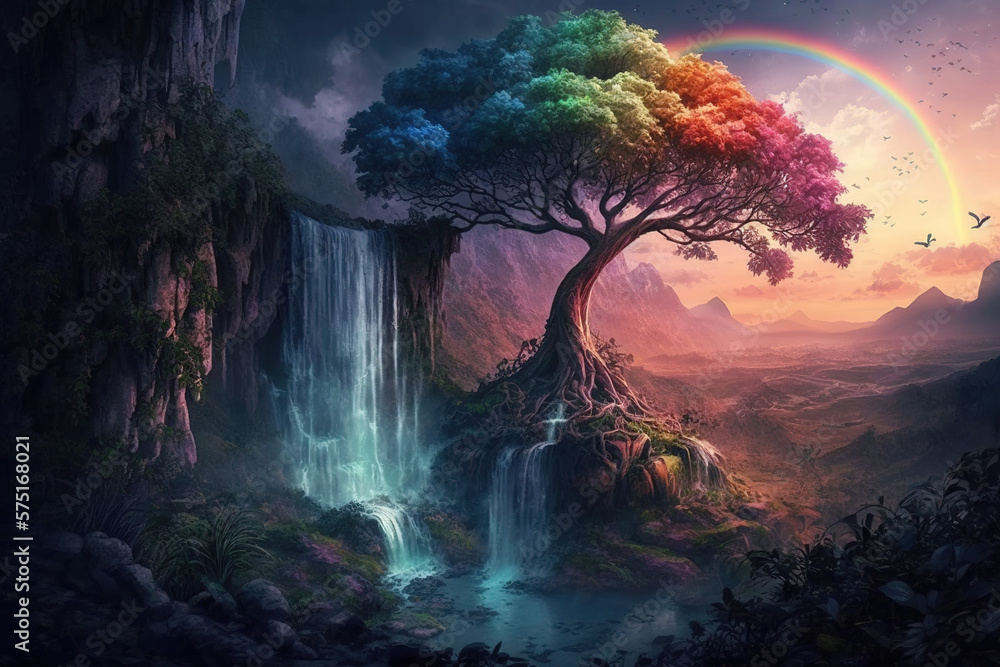 mystical Yggdrasil tree in the middle of a beautiful garden of eden ...