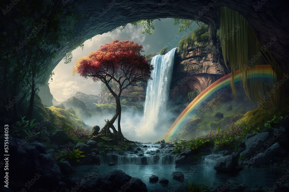 beautiful Yggdrasil tree in the middle of a beautiful garden of eden ...