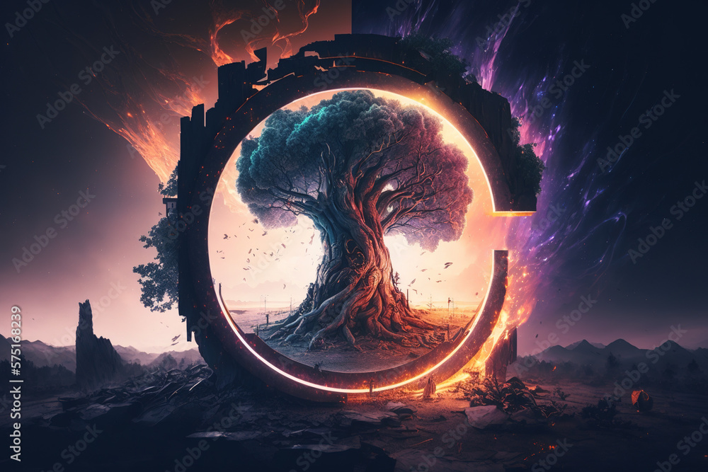 Yggdrasil tree with futuristic portal. Scifi concept art. Generative ...