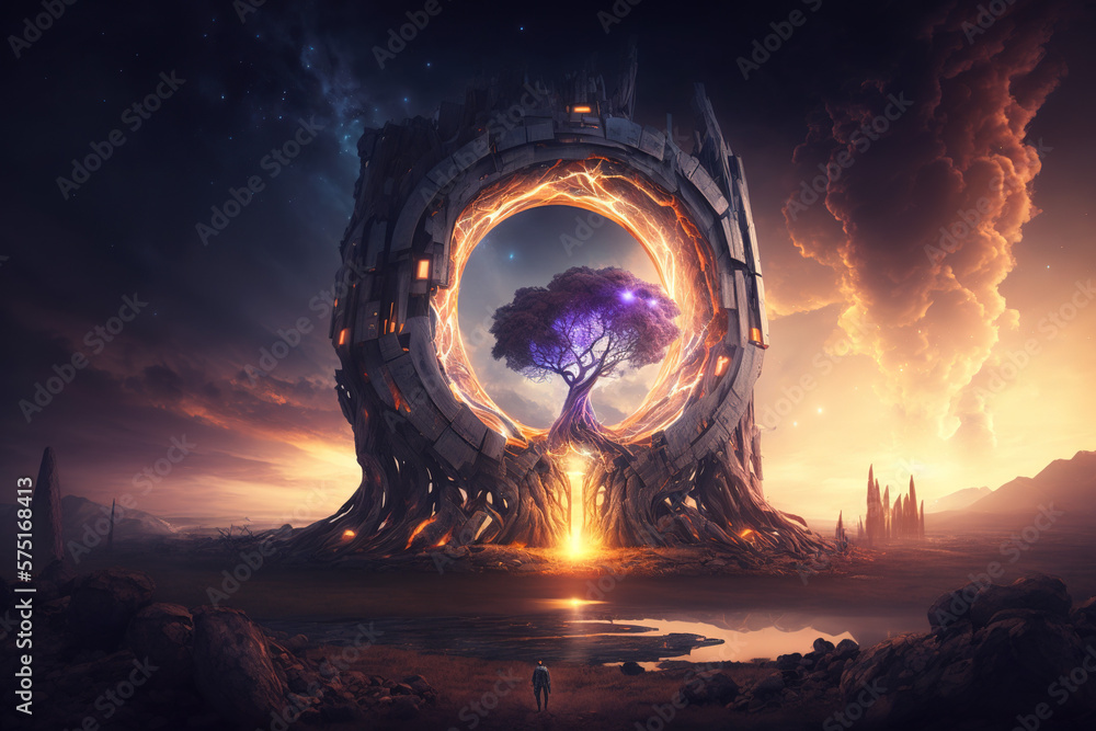 Yggdrasil tree in the middle of an apocalyptic scene with a futuristic ...