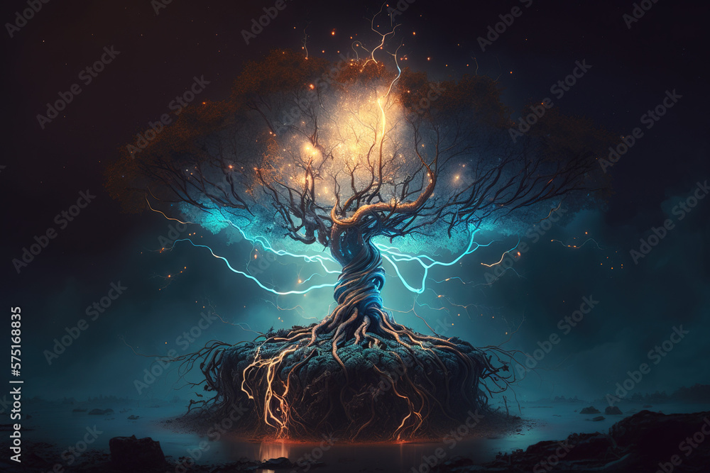 Yggdrasil tree of life engulfed in mystical electric lightning in the ...