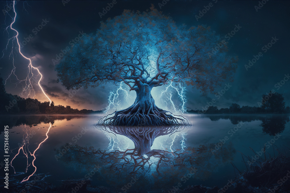 Yggdrasil tree of life engulfed in mystical electric lightning in the ...