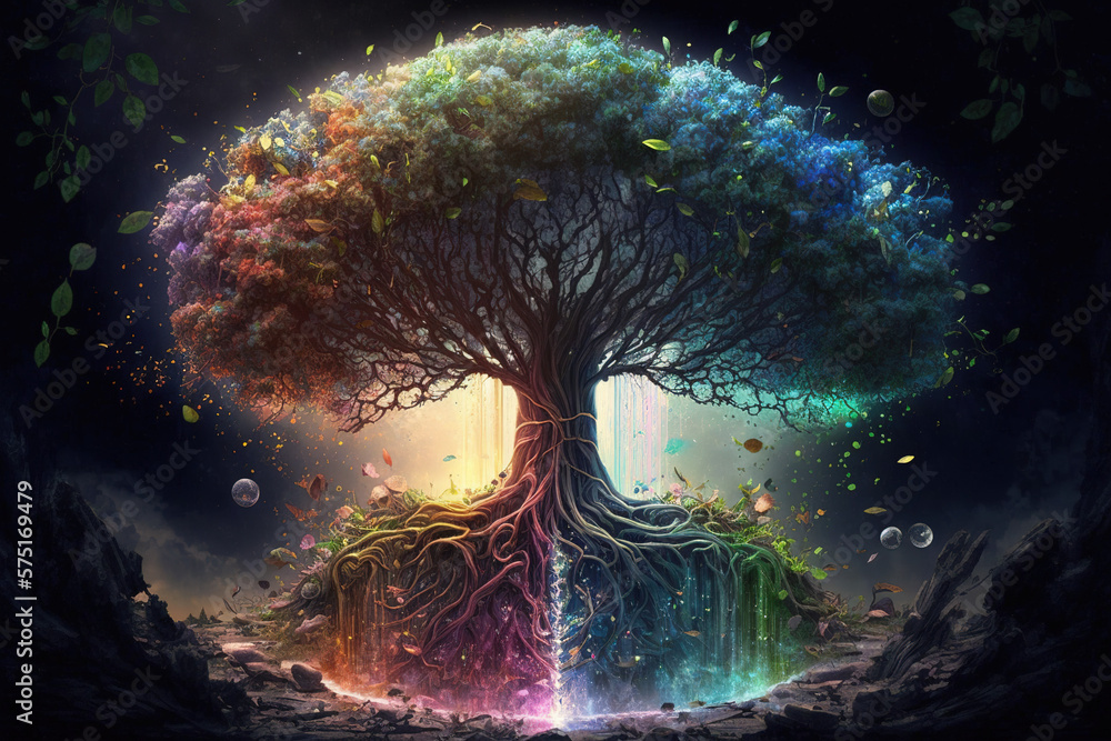 Yggdrasil tree in the middle of a beautiful garden of eden with blown ...