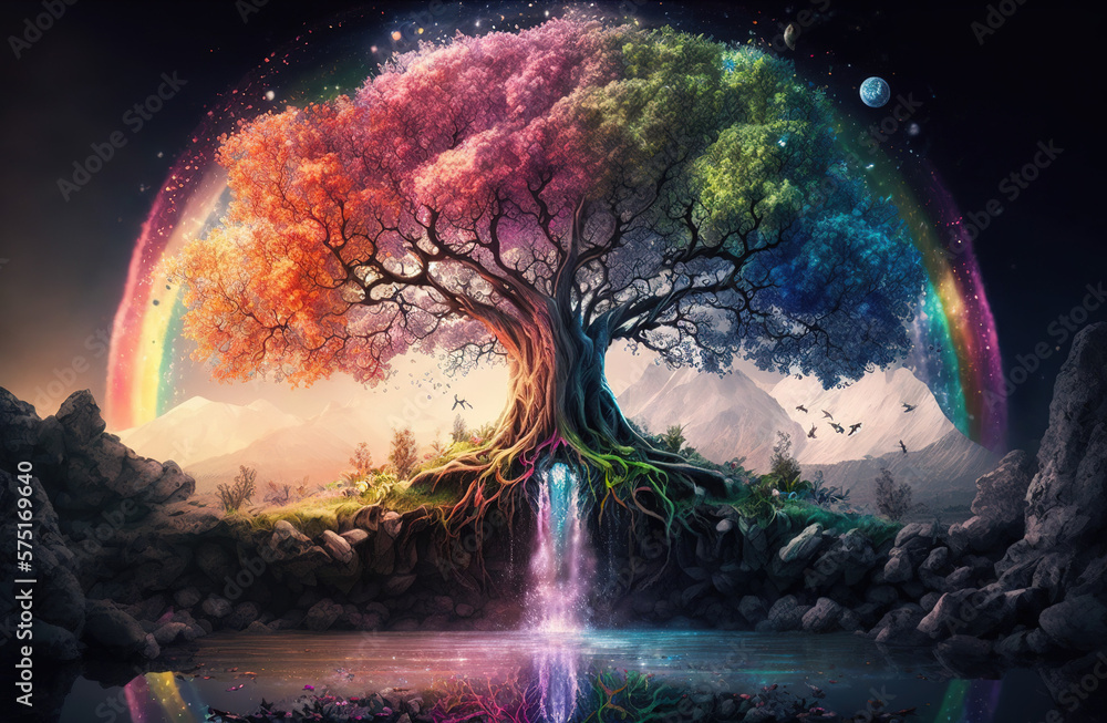 Yggdrasil tree in the middle of a beautiful garden of eden with a ...