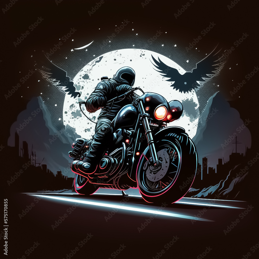 cartoon motorcycle american on an empty road at dark black background ...