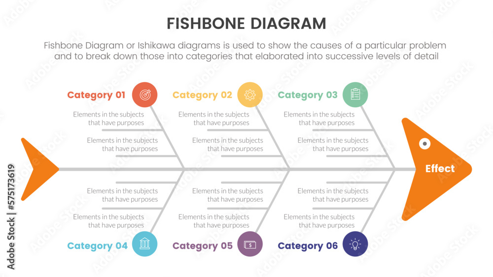fishbone diagram fish shaped infographic with big circle and icon ...