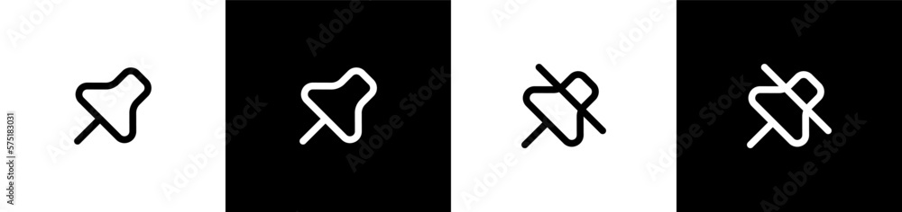 Push pin icon. thumbtack symbol. pinned and unpinned, board tack signs ...