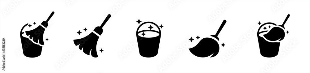 Floor mop icons. Mop And Bucket symbol. Cleaning service signs, vector ...