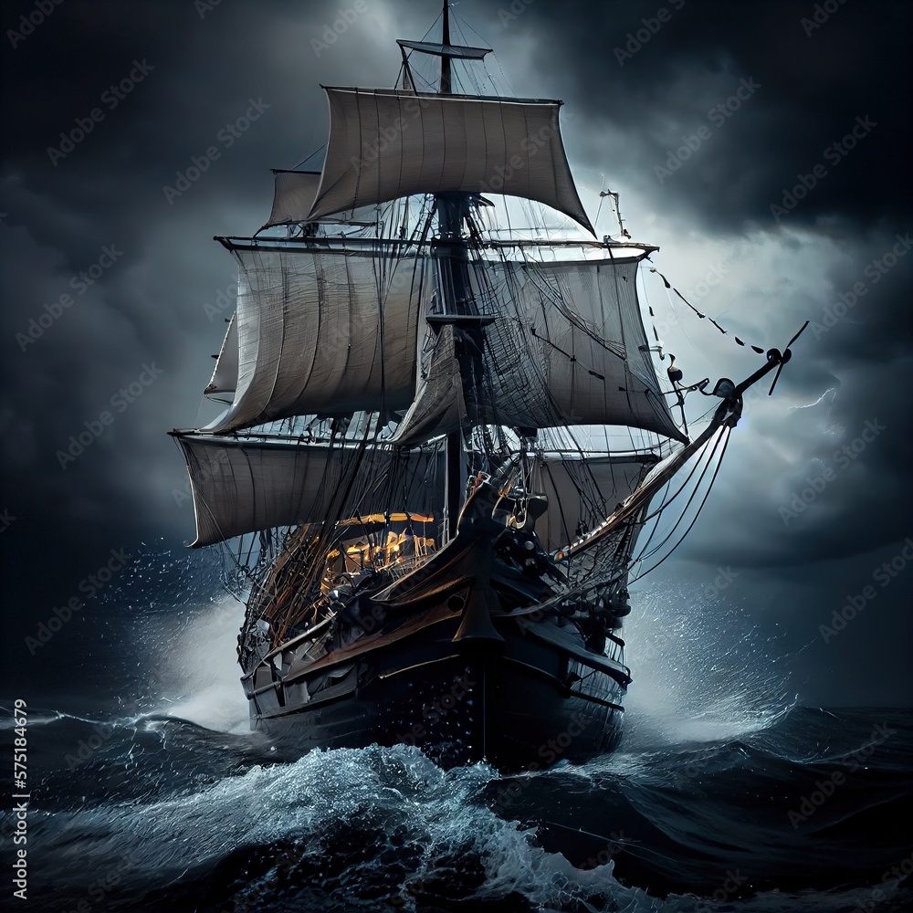A pirate ship on the high seas during a storm. An old ancient pirate ...