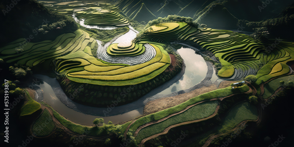 Aerial view of oriental Rice fields, surreal rice cultivation landscape ...